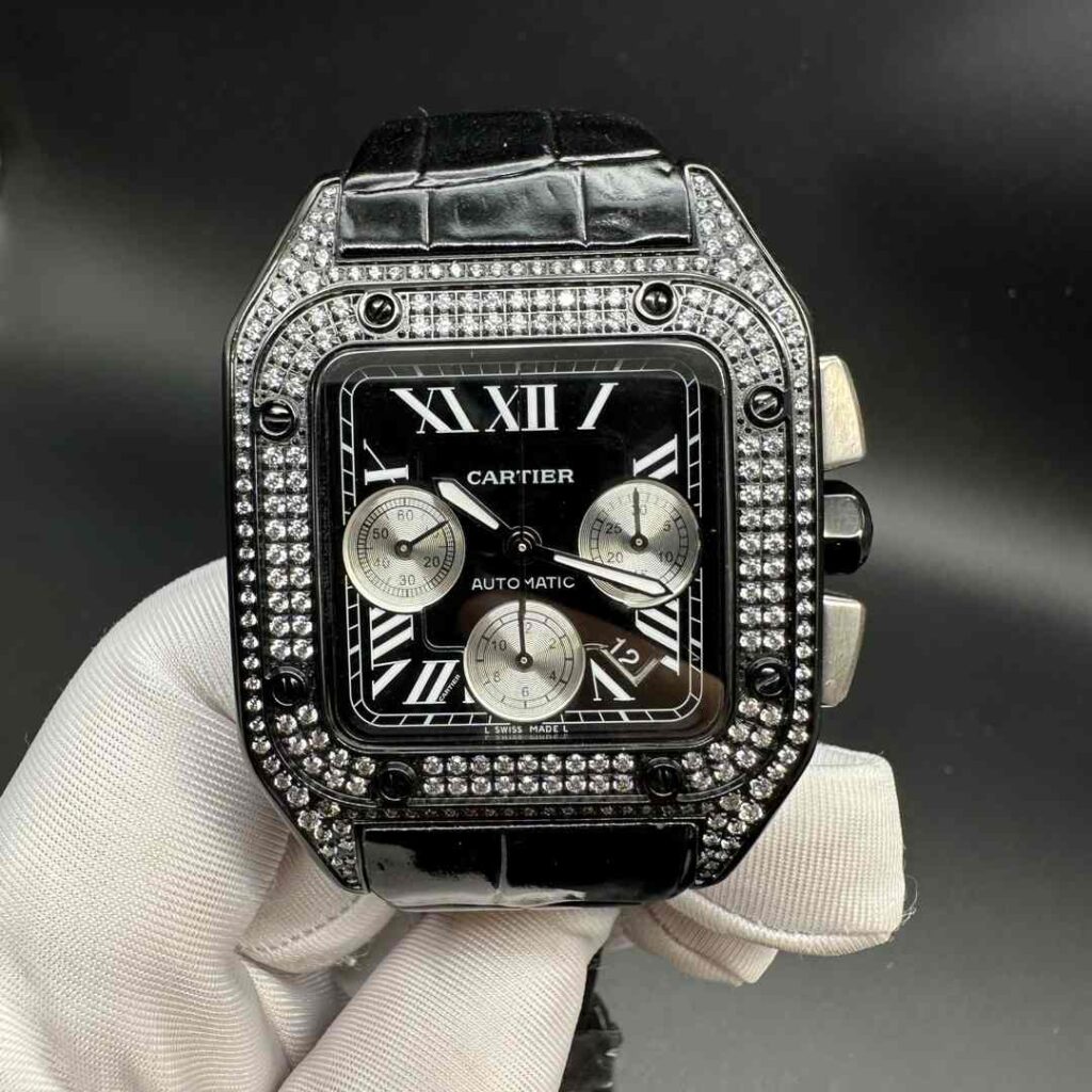Cartier Chronograph 7750 Black diamonds case 42mm Black leather strap ...