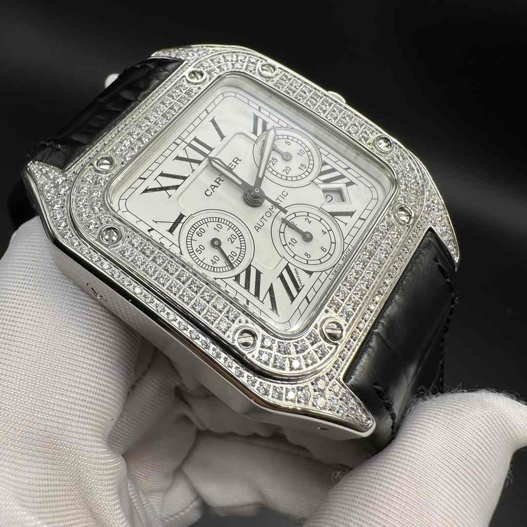 Cartier Santos Chronograph 7750 automatic movement Diamonds silver case ...