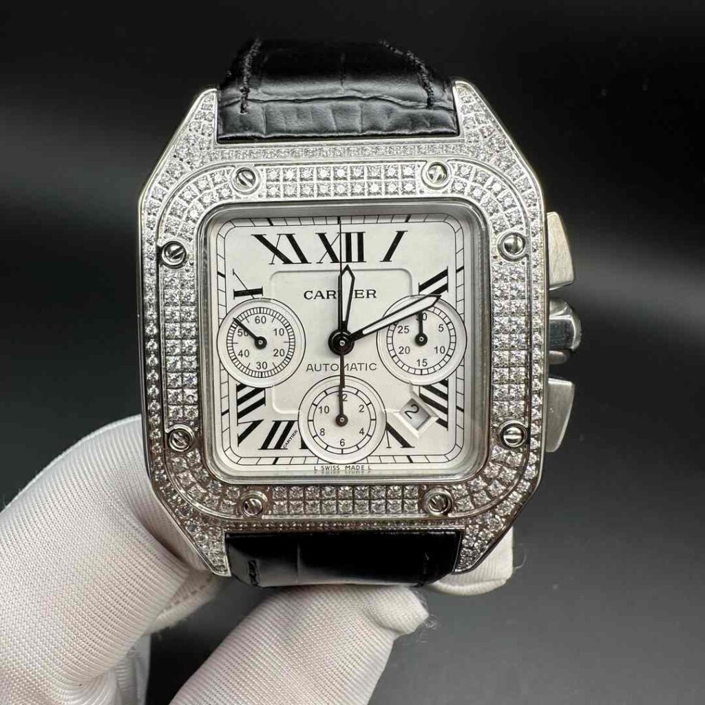 Cartier Santos Chronograph 7750 automatic movement Diamonds silver case ...